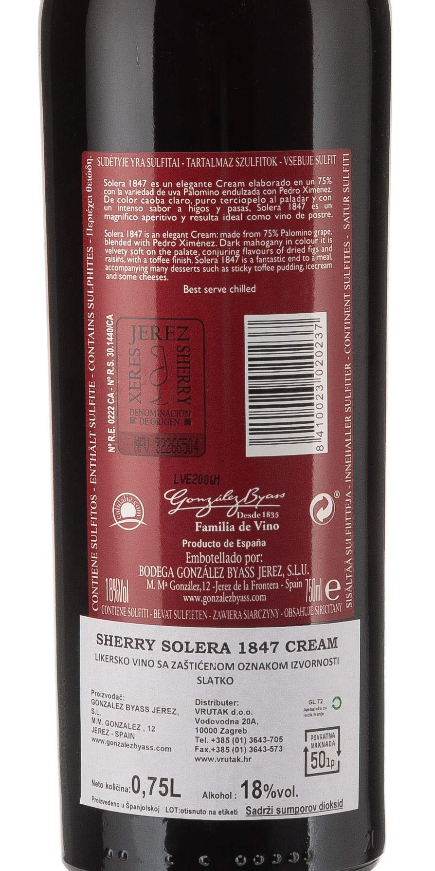 Vrutak | *SHERRY CREAM 1847 SOLERA GONZALEZ 0.75L ZOI SLATKO -6/1-