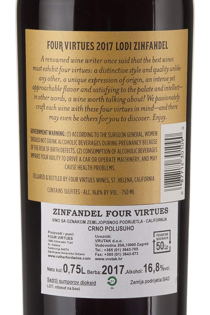 Vrutak | *ZINFANDEL FOUR VIRTUES RUTHERFORD 0.75L ZP POLUSUHO 2021. -12/1-