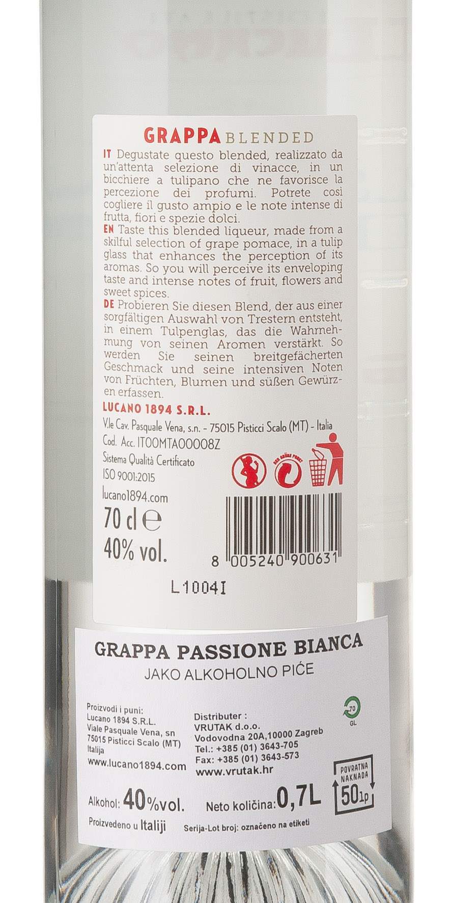 Vrutak | *RAKIJA GRAPPA PASSIONE BIANCA 0,7L LUCANO 40% -6/1-