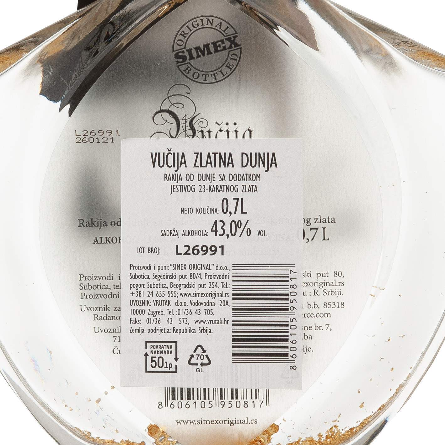 Vrutak | *RAKIJA DUNJA VUČIJA ZLATNA 0,7L SIMEX ALK.43% -4/1-