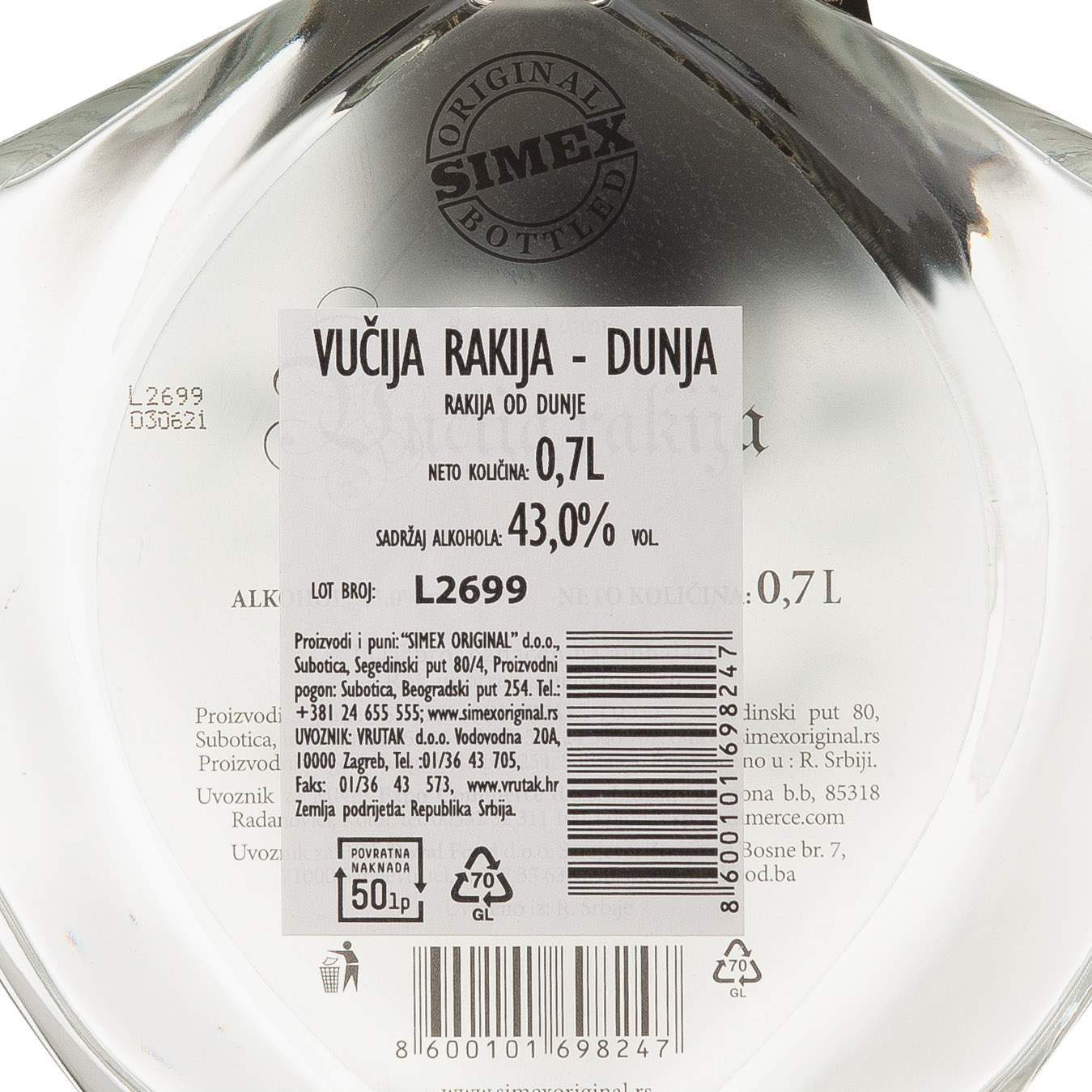 Vrutak | *RAKIJA DUNJA VUČIJA 0,7L SIMEX ALK.43% -4/1-