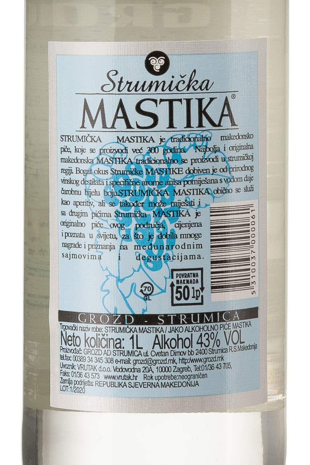 Vrutak | *RAKIJA MASTIKA 1.00L STRUMIČKA 43% GROZD -12/1-